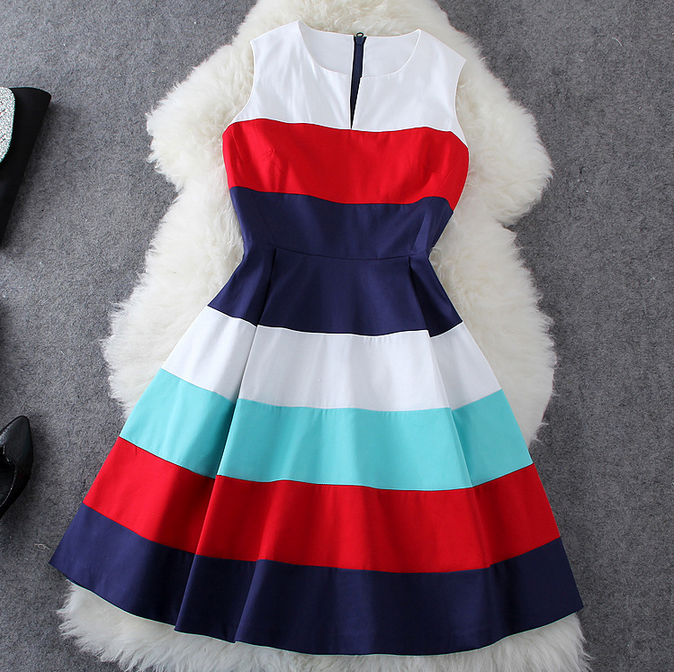 Wide Colour Stripes, Sleeveless Pure Color Princess Dress on Luulla