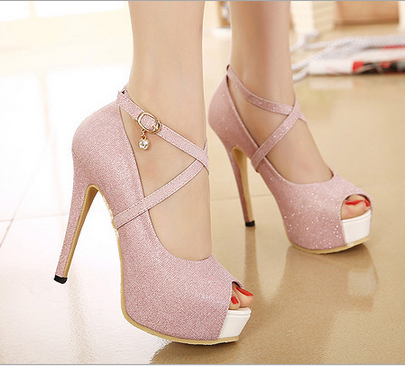 Sexy Sequined Shoes, Fish Head High Heels Shallow Mouth Fine--pink on ...