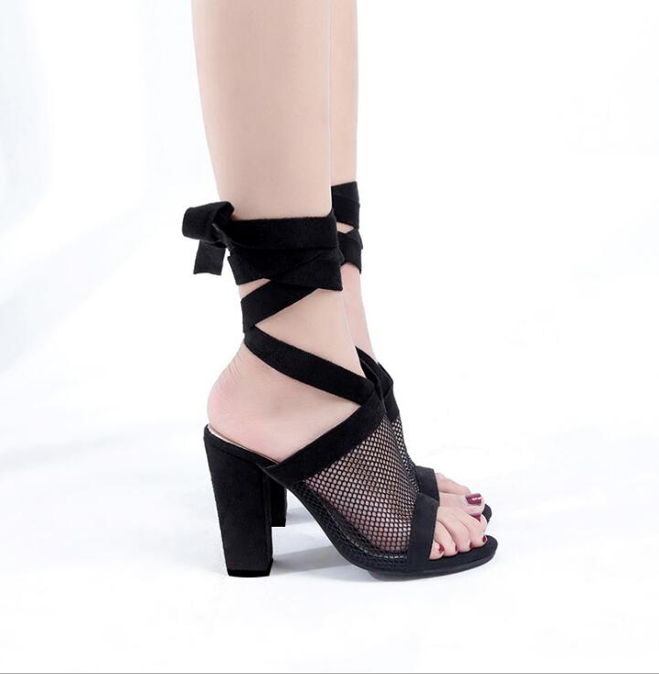 Mesh Open Toe Chunky High Heel Self-tie Wrap Around Straps on Luulla
